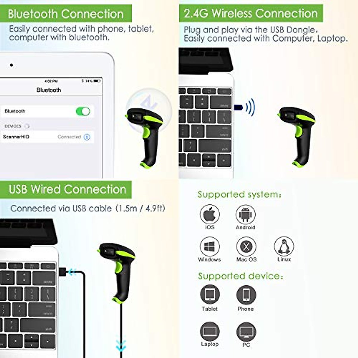 NADAMOO 2D Wireless Barcode Scanner with Stand, Compatible with Bluetooth & 2.4G Wireless & Wired Connection, Cordless QR Code Scanner USB Image Bar Code Reader for Computer Tablet iPhone iPad Android