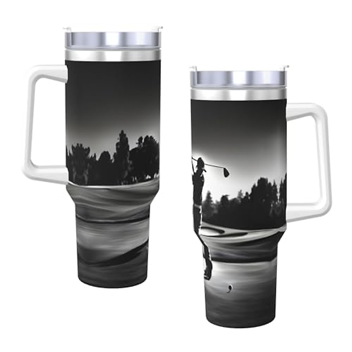 HULIBIN Black and White Golfs Print Double Deck Stainless Steel Travel Coffee Cup With Lid 40 Oz Ice Bully Cup
