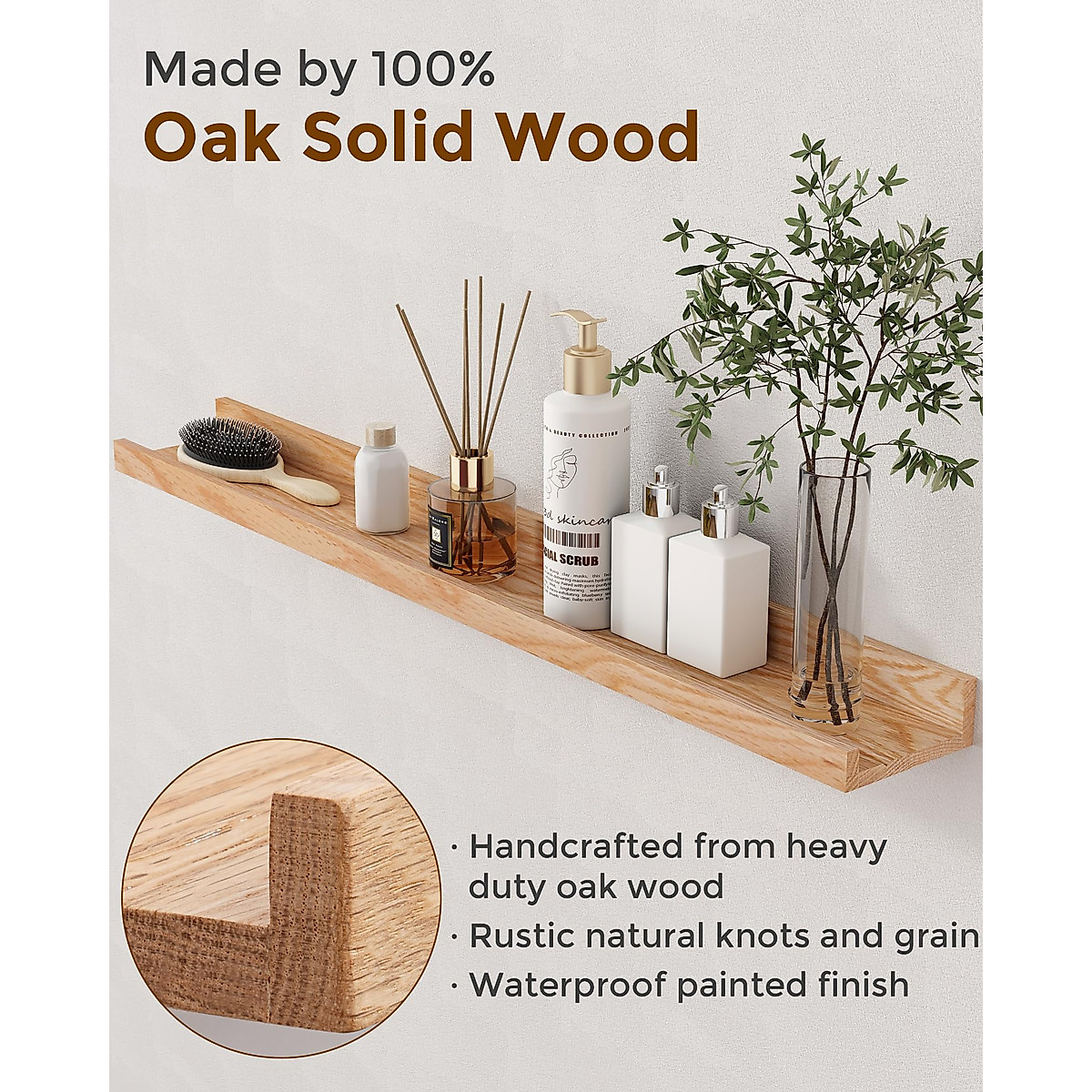 Axeman Oak Floating Shelves 36 Inch Picture Ledge Shelf Set of 2, Solid Wood Shelves with Lip for Wall Decor Storage Bedroom Living Room Bathroom Kitchen, Natural Oak