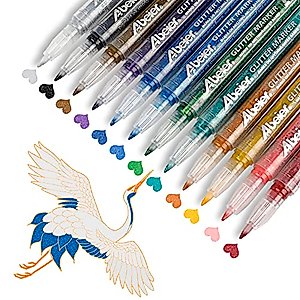Glitter Paint Pens, Water-Based Acrylic Ink Markers, 12 Glitter Colors, Fine Point Tip, Paint for Greeting Card, Wood, Fabric, Rock Painting, Scrapbooking, Albums, and more