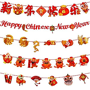 OBANGONG 5 Pcs 2023 Chinese New Year Banners Decorations Happy New Year Hanging Banners Ornaments Year of Rabbit Chinese Luna New Year Banner Spring Festival Party Supplies