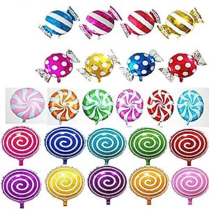 24pcs Sweet Candy Balloons for Birthday Wedding Parties, Including 16pcs Round Lollipop Balloons and 8pcs Candy Lollipop Balloons Aluminum Balloons.