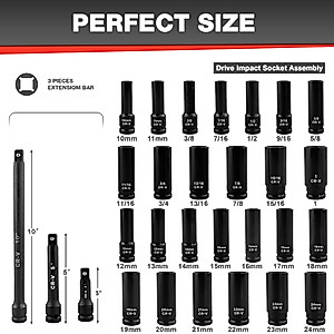 EACELIY 29pcs 1/2" Socket Set, Drive Deep Impact Socket Set, Including 3 ", 5", 10" Impact Extension Bar, Standard SAE (3/8 "- 1") and Metric (10mm-24mm), Cr-V Steel