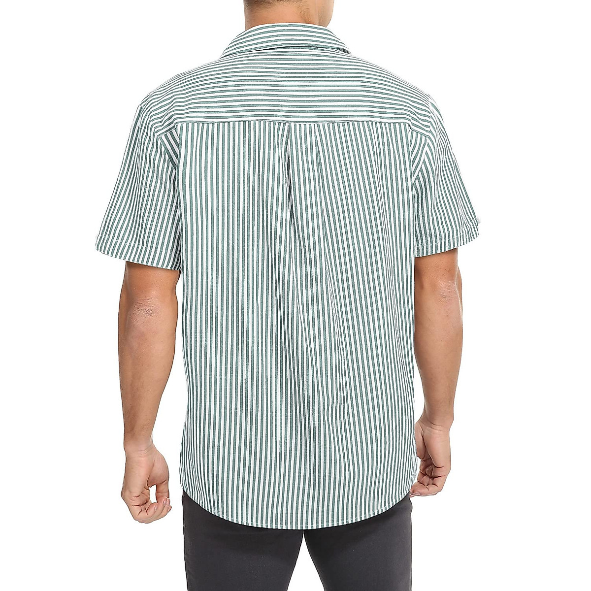 TUREFACE Green Shirt for Men Casual Button Down Short Sleeve Stripes Banded Collar Summer Shirt Lightweight Relaxed Fit