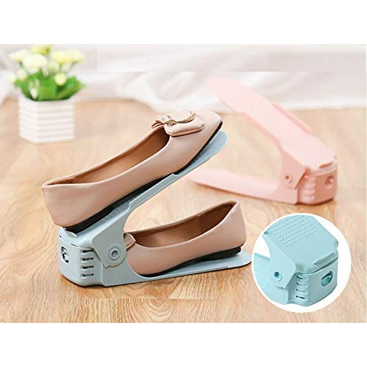 Cicilin Shoe Slots Organizer, 4 PCS Adjustable Double Layer Stack Shoe Rack, Space-Saving Storage Rack Holder (Beige)