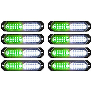 ASPL 8pcs Sync Feature Ultra Slim 12-LED Surface Mount Flashing Strobe Lights for Truck Car Vehicle LED Mini Grille Light Head Emergency Beacon Hazard Warning lights (Green/White)