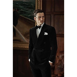 Men's Slim Fit Velvet Blazer Tuxedo 2 Piece Double Breasted Suits for Wedding Prom Grey Size M