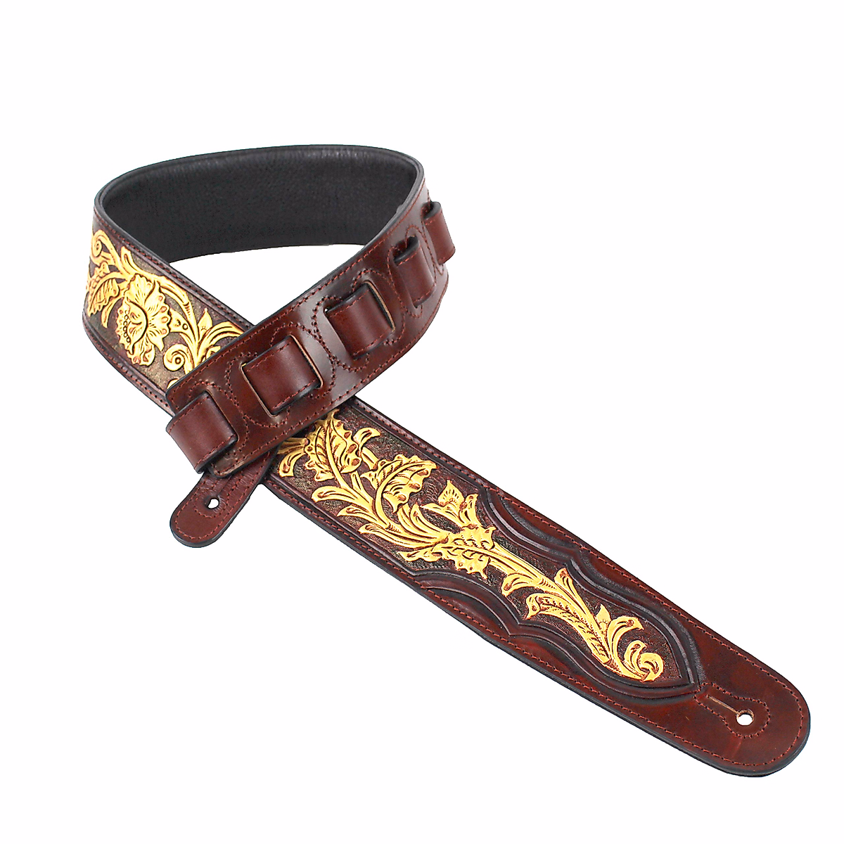 Walker And Williams LHR-37 Handmade Blood Red Premium Carving Leather Guitar Strap With Bright Gold Western Sheridan Carving Pattern And Padded Leather Back For Acoustic, Electric, And Bass Guitars