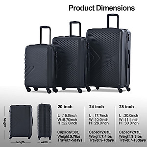 Tripcomp Luggage Sets Wear-Resistance Hardside Lightweight Suitcase Double Spinner Wheels, TSA Lock,Two Hooks, Scratch-resistant Carry-on, 3 Piece Set(20/24/28) (Jet black)