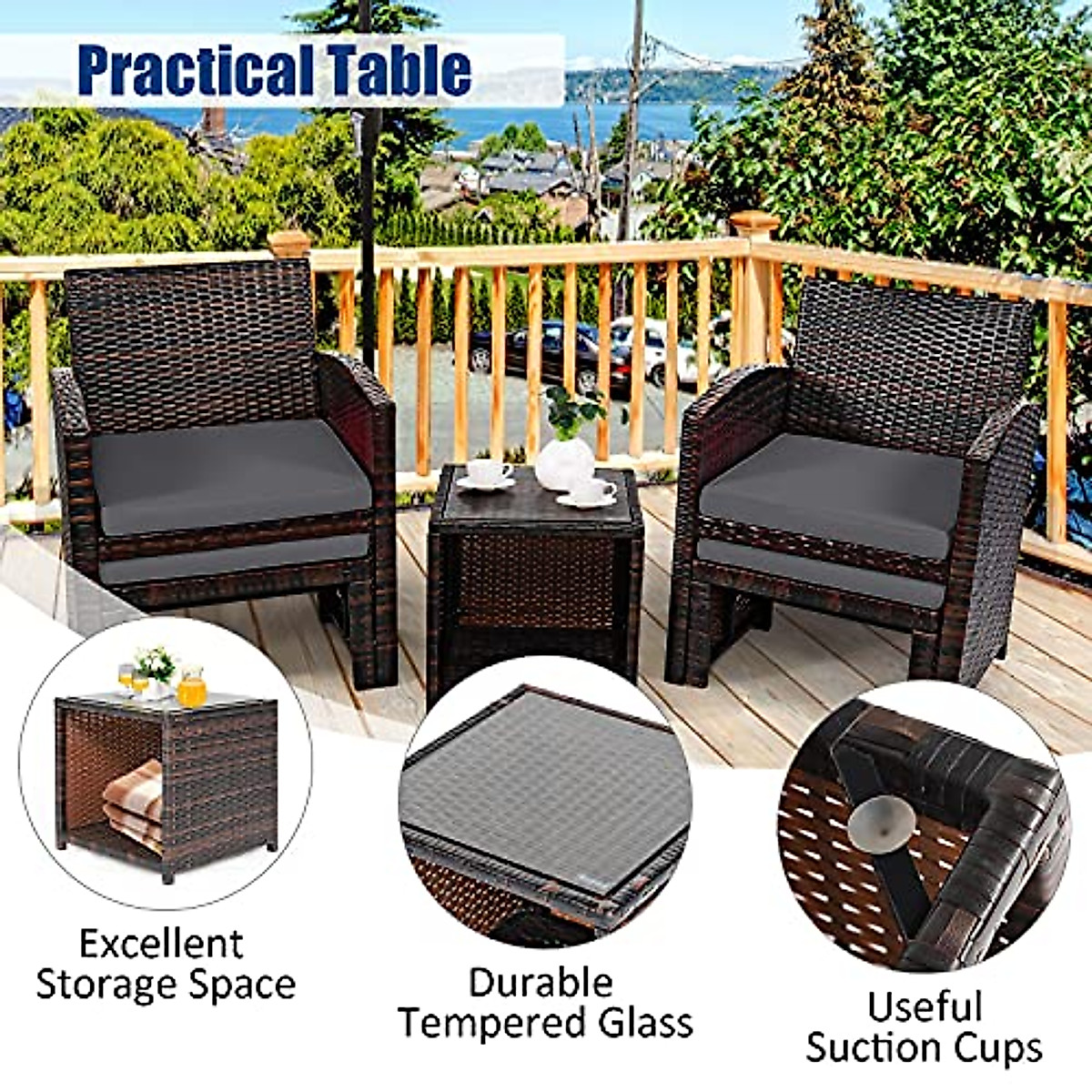 Tangkula 5 Pieces Patio Rattan Furniture Set, Outdoor Conversation Set with Cushioned Chair & Ottoman & Tempered Glass Coffee Table, All Weather Patio Sofa Sets for Garden, Backyard, Poolside (Grey)