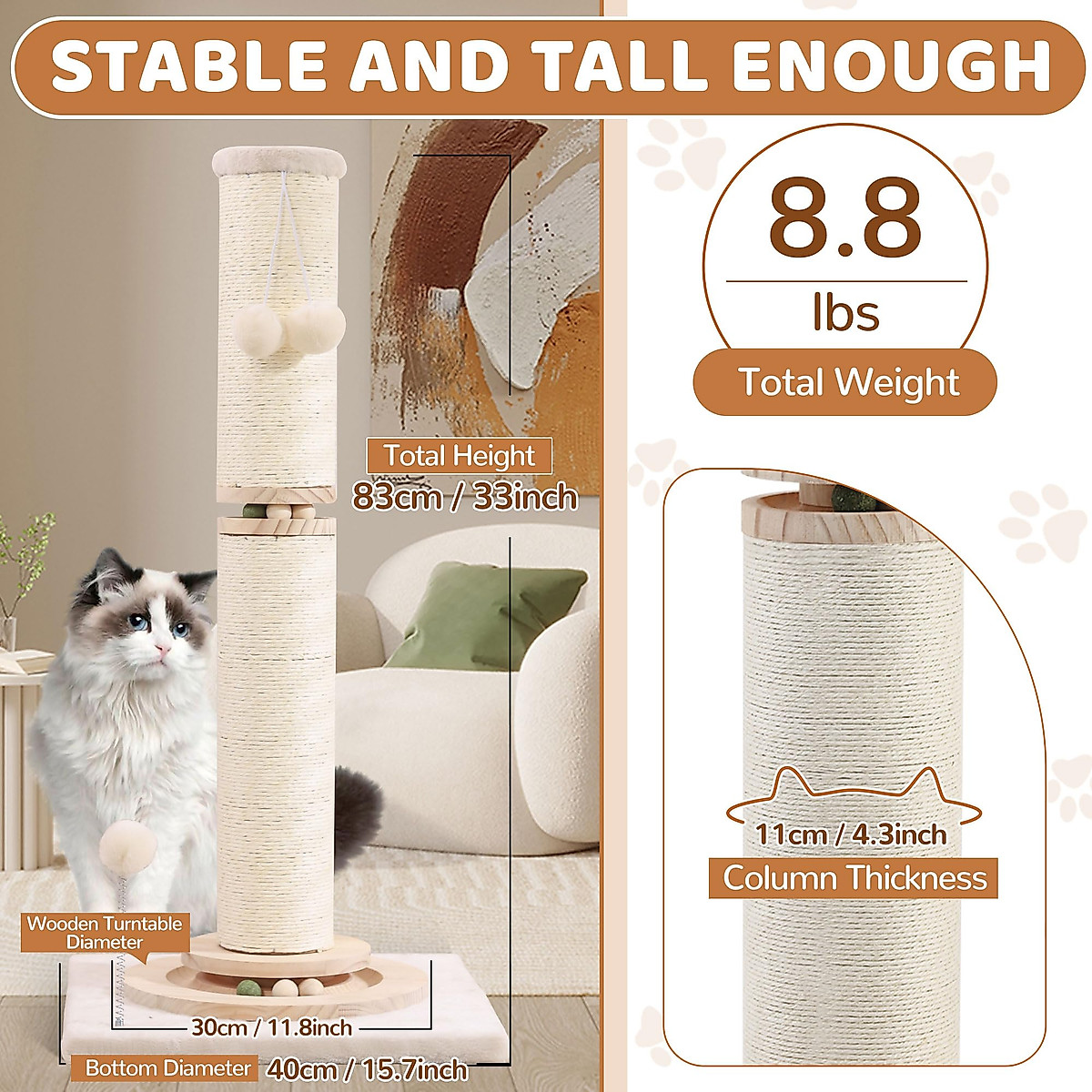 OTOB 33" Tall Cat Scratching Post, 4.3Inch Large Diameter Natural Sisal Rope Scratcher Post, 5-in-1 Interactive Turntable Cat Scratch Post with Soft Hanging Ball Toys for Indoor Large Cats