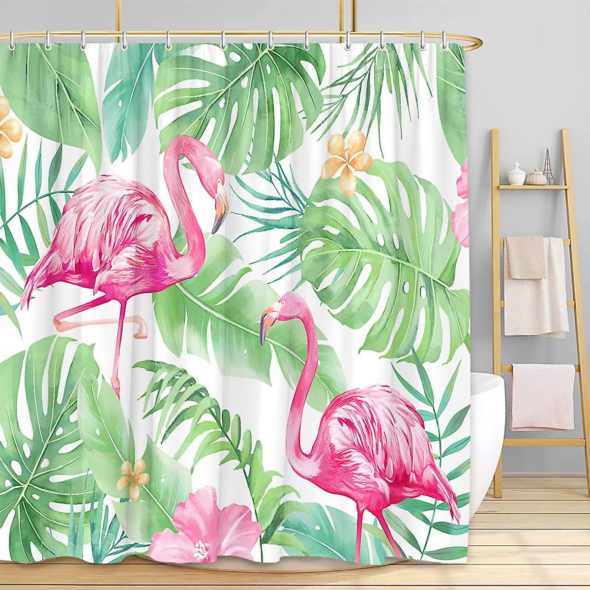 FEIERMAN Tropical Pink Flamingo Shower Curtain Art Decor Green Teal Palm Leaves Flower Modern Animal Style Bathroom Curtain Decor Set with Hooks 70x70Inches