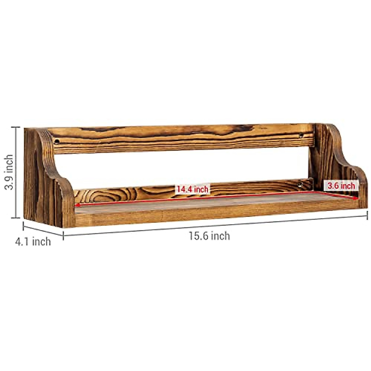 MyGift Wall Mounted 15 Inch Rustic Solid Burnt Wood Floating Display Shelf for Living Room, Bedroom, Bathroom Storage, Shelving Ledge for Picture Frames, Figurines and Collectibles