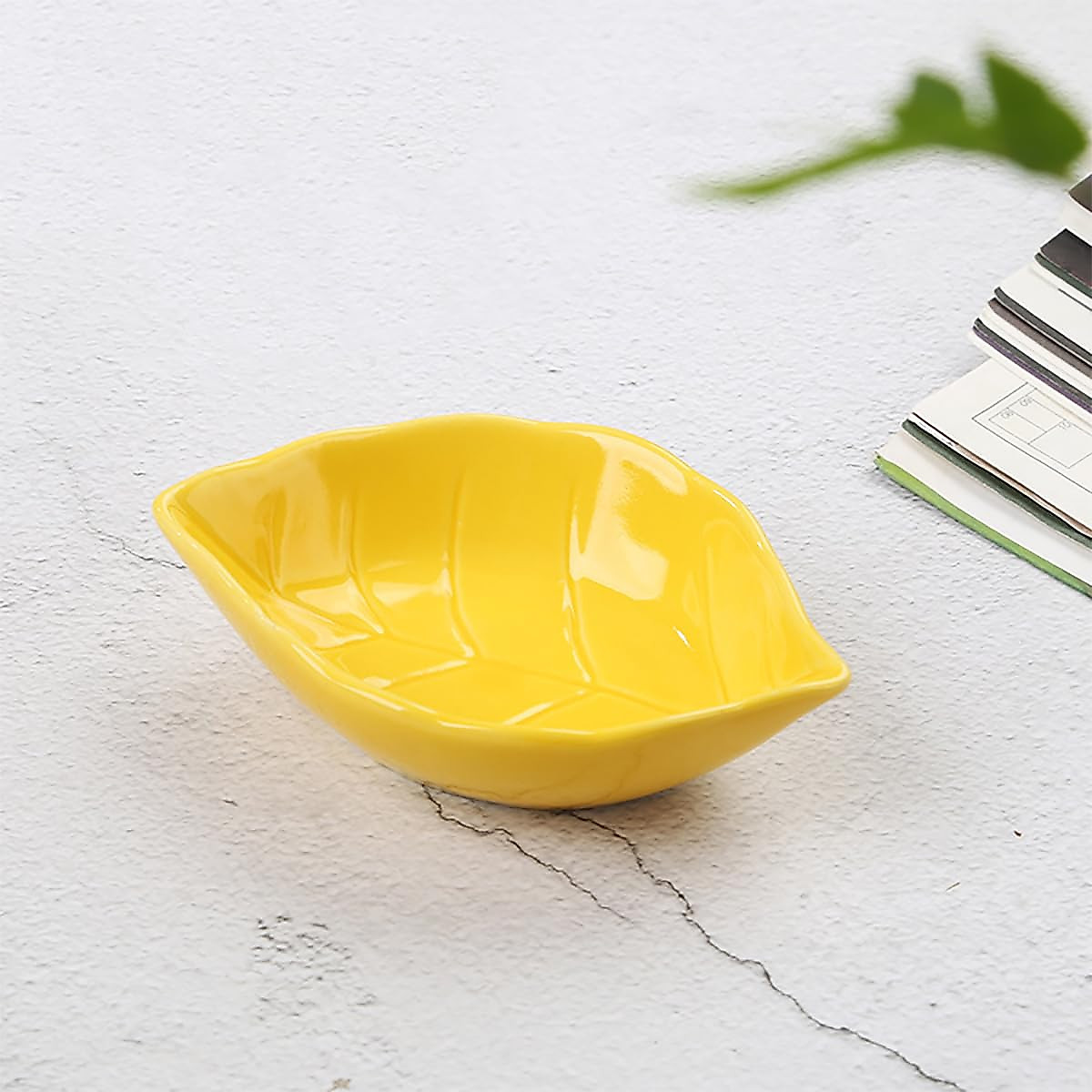 WAIT FLY Leaves Shaped Pattern Ceramic Seasoning Dishes/Tea Bag Holders/Ketchup Saucer/Appetizer Plates/Vinegar Spice Salad Soy Sushi Wasabi Seasoning Dipping Bowls-Yellow-4 PCS
