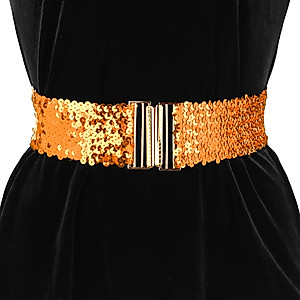 Allegra K Ladies Shinny Wide Waist Belts Interlock Buckles Sequins Decor Stretchy Belts for Women 2PCS 60cm/23.62" Orange