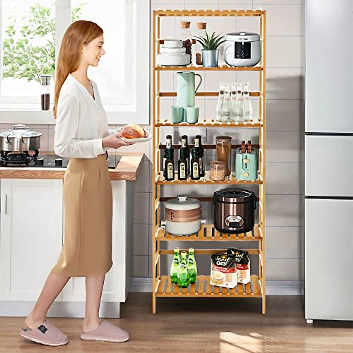 Giantex 6-Tier Bamboo Bookshelf, 63'' Tall Freestanding Storage Display Shelf with Adjustable Shelves, Easy Assembly Multipurpose Bookcase Shelf Rack for Living Room, Kitchen, Plants (Natural)