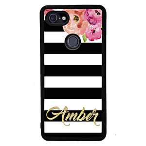 Golden Gold Personalized Flowers Black White Black Rubber Phone Case Compatible With Google Pixel 8 Pro, 8a, 8, 7a, 7, Pixel 7 Pro, 6a, Pixel 6 Pro, 6, 5, 4a 5G, 4a 4G, 4, 4 XL, 3a, 3a XL, 3