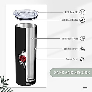 KrylDosxy Skull Red Rose 20 oz Stainless Steel Cups with Lid and Straw - Insulated Iced Coffee Travel Mug, Reusable Tumbler for Hot and Cold Drinks
