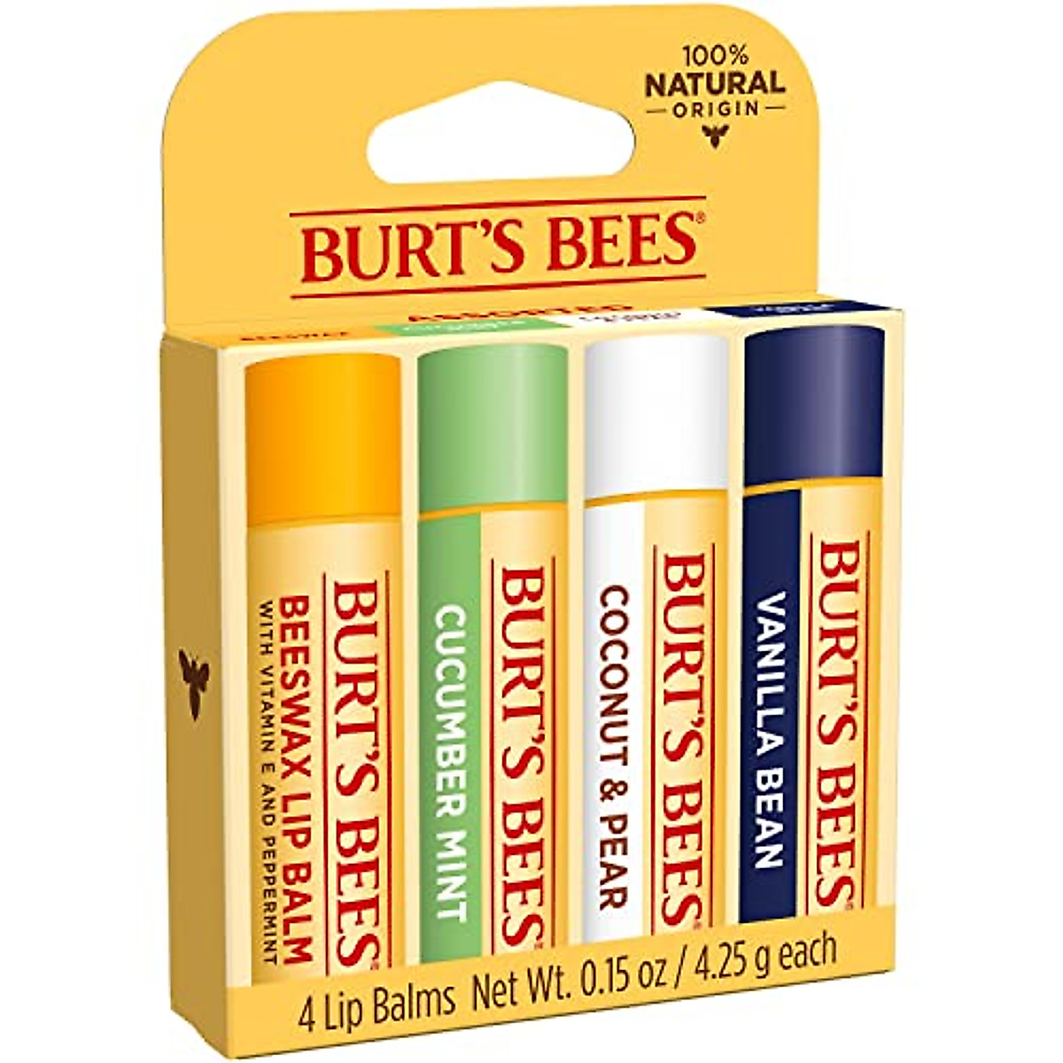 Burt's Bees Lip Balm Easter Basket Stuffers, Moisturizing Lip Care Spring Gift, for All Day Hydration, 100% Natural, Original Beeswax, Cucumber Mint, Coconut & Pear & Vanilla (4 Pack)
