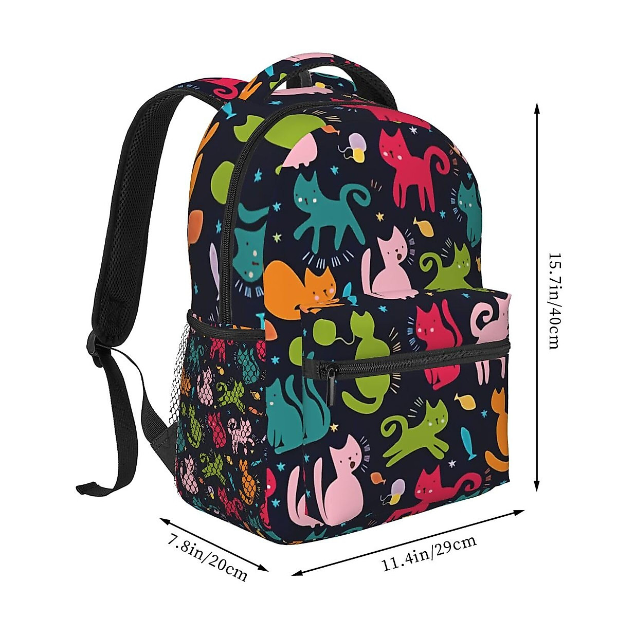 Nerxy Kitty Cat Backpack for School - Happy Cats with Fish School Backpack Colorful Kitten Pet School Bag Laptop Book Bag Fits 14 Inch Laptop Rucksack Daypack
