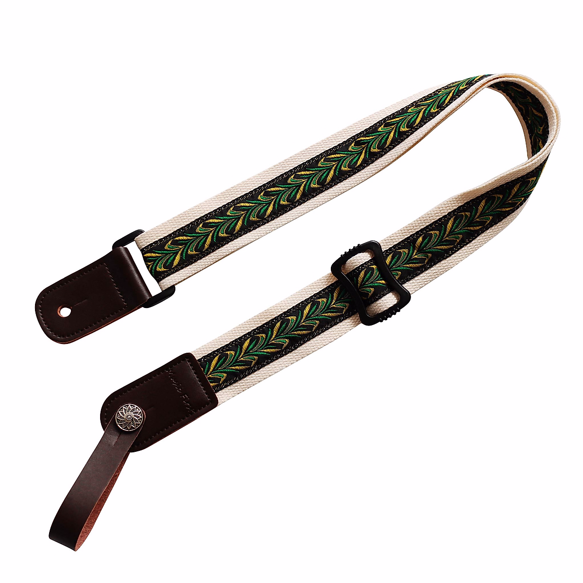 MUSIC FIRST Original Design Vintage Green Label Soft Meshbelt & Genuine Leather Ukulele Strap Ukulele Shoulder Strap With a Genuine Leather Strap Locker
