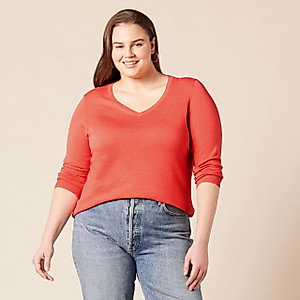 Amazon Essentials Women's Classic-Fit Lightweight Long-Sleeve V-Neck Sweater (Available in Plus Size), Coral Pink, Large