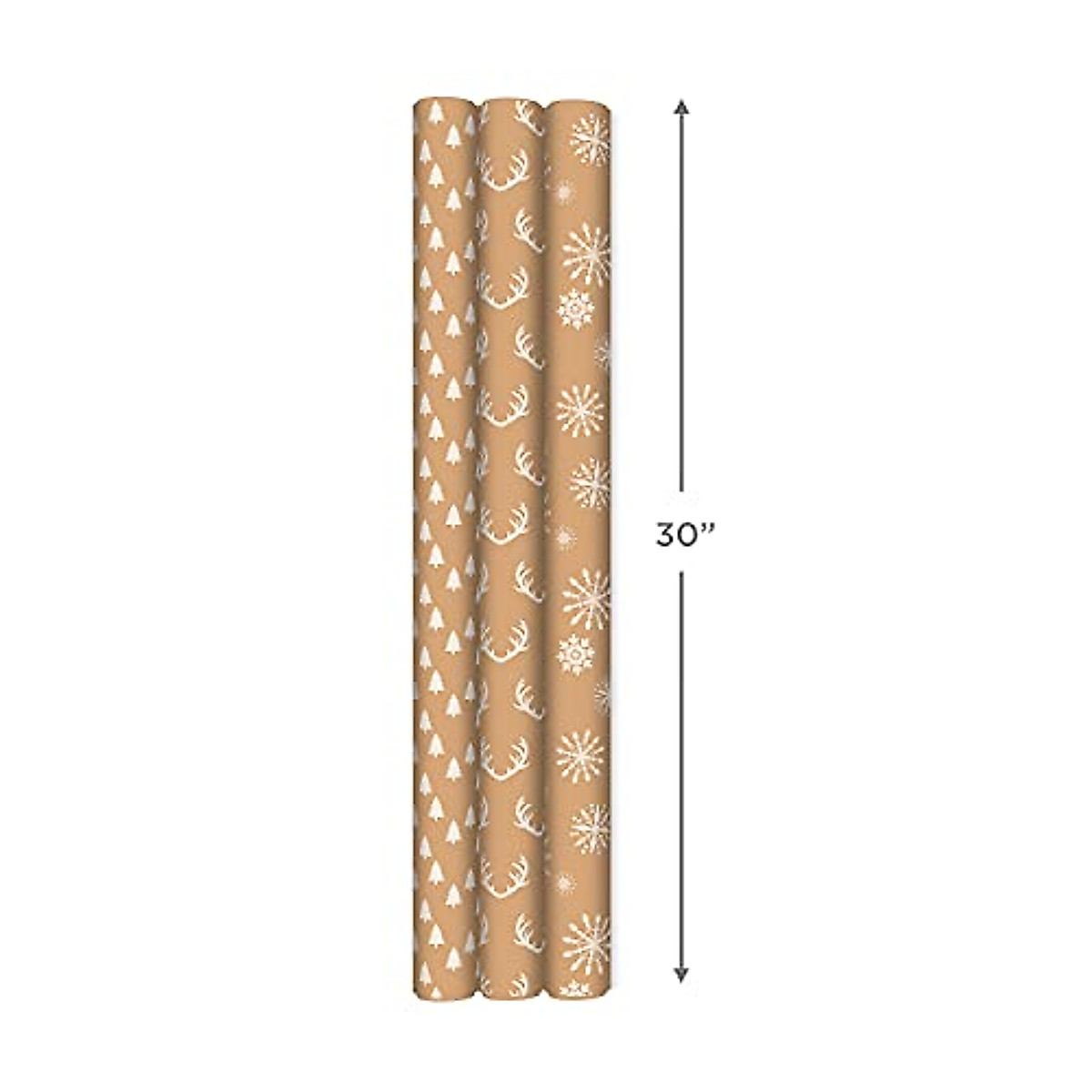 Hallmark Recyclable Kraft Wrapping Paper with Cut Lines (3 Rolls: 90 Sq. Ft. Ttl.) Minimalist Christmas, White Trees, Deer Antlers, Snowflakes on Brown Kraft for Holidays, Weddings, Winter Solstice