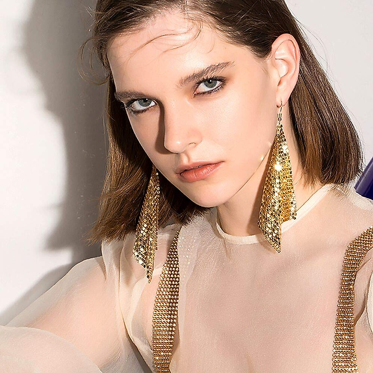 Suyi Trendy Women Earrings Metal Mesh Grid Sequins Tassel Long Drop Dangle Earrings Gold