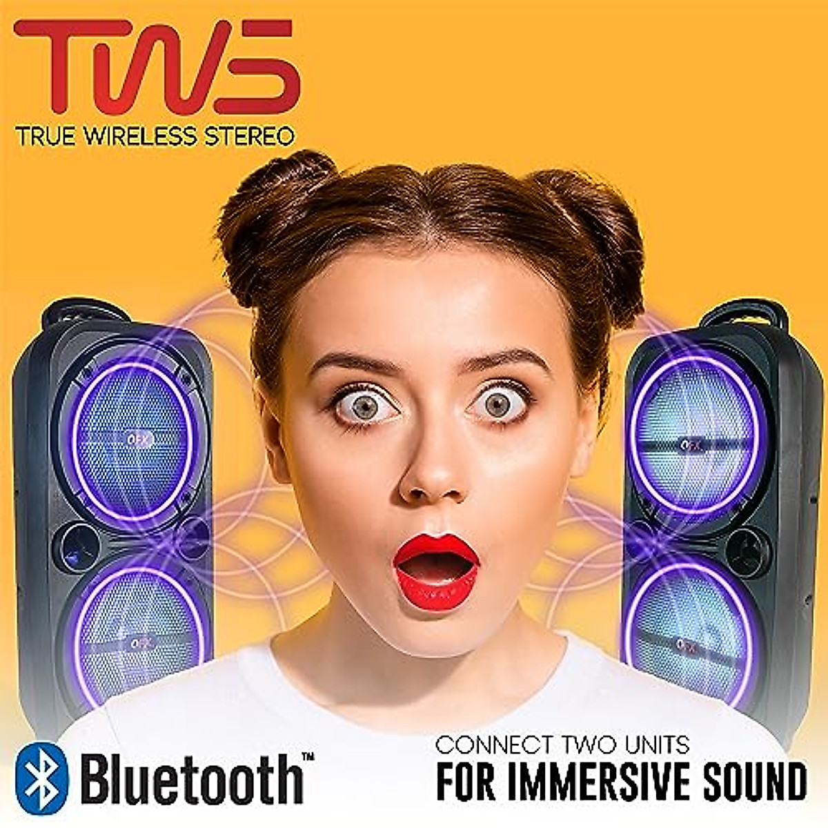 QFX PBX-8008SM TWS Bluetooth 8” Woofers Rechargeable Portable Speakers with AC Adapter and Microphone,Black