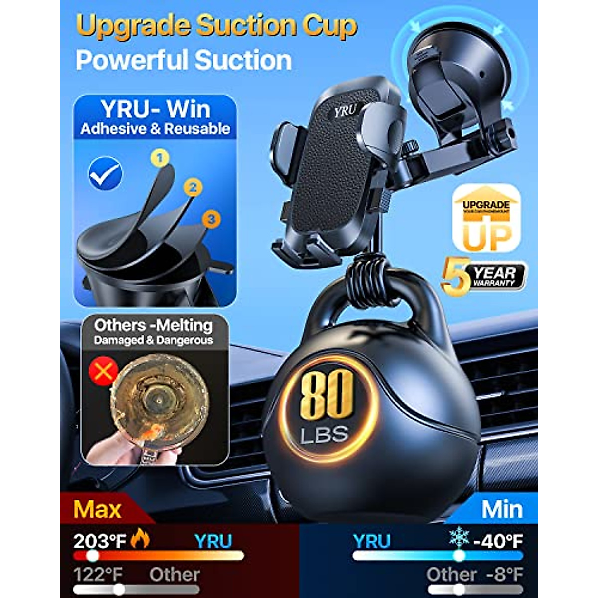 YRU [Upgrade 80LBS Strong Suction] Car Phone Holder Mount,[Bumpy Road Stable] Dashboard Cell Phone Holder for Car Air Vent Windshield Phone Stand for iPhone 14 13 12 Pro Max Samsung & Pickup Truck