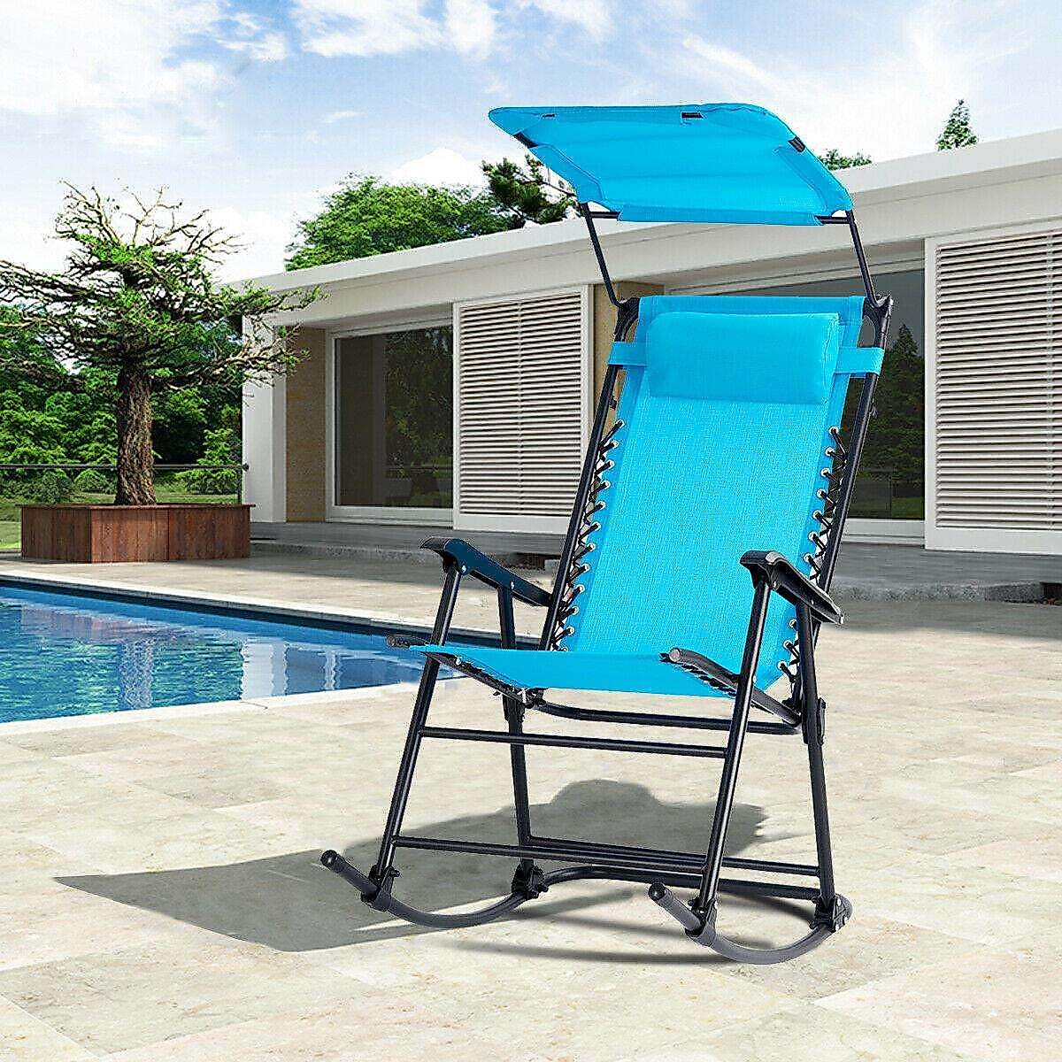 LHJA Folding Rocking Chair Rocker Porch Zero Gravity Furniture W/Canopy Light Blue Chair Rocking Chair Rocker Chair Rocker Camp Chair Rocker Recliner Rocking Camp Chair Rocking Chairs
