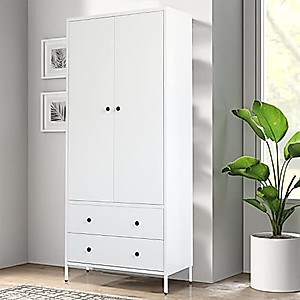 Besfur Steel Storage Wardrobe Cabinet - Metal Wardrobe Armoire Closet with Adjustable Hanging Rod & Two Drawers for Bedroom, Laundry Room (White)