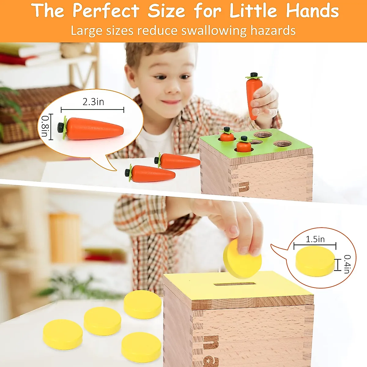 nanayo 4-for-1 Play Kit Includes Object Permanence Box, Montessori Coin Carrot Harvest Game, Matchstick Color Drop Game – Toys for Babies 6-12 Months, 1 Year, 2 Year and 3