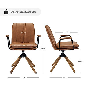 Zouron Swivel Mid Century Modern Office Chair, Ergonomic Desk Chair for Living Room, Computer Chair PU Leather Home Office Chair with Oak Wood Legs, Yellow Brown, No Wheel