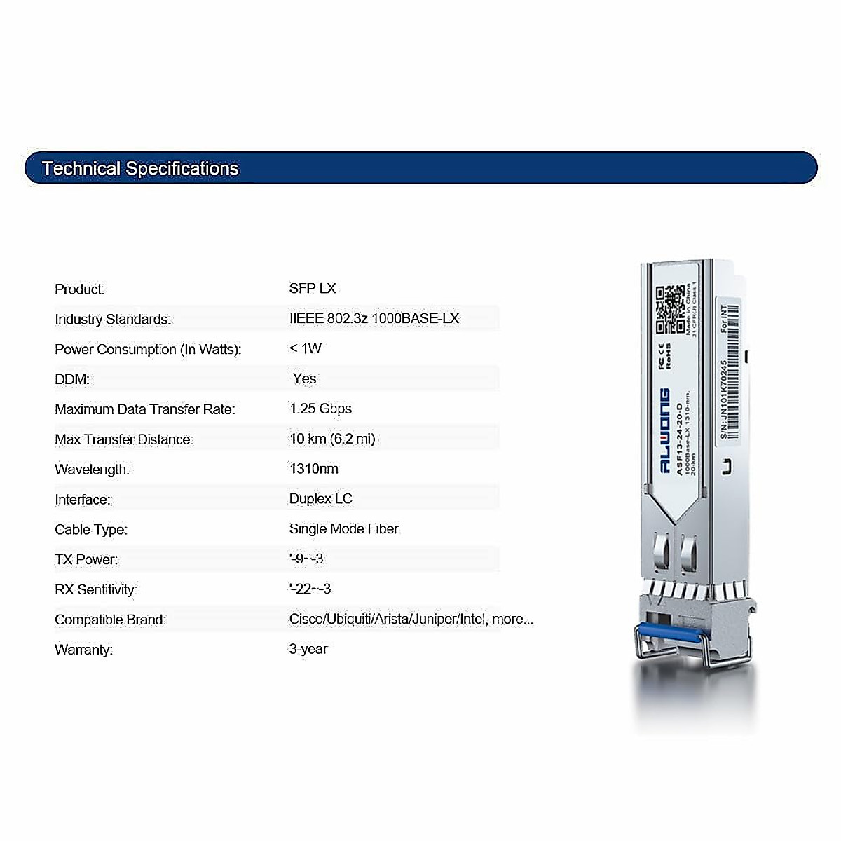 4Pack 1000Base-LX/LH Fiber Transceiver, 1.25G Single Mode SFP LC Module, 1310nm, SMF, 20km, for Cisco GLC-LH-SMD, Ubiquiti UniFi, Meraki MA-SFP-1GB-LX10, Intel, TP-Link, Mikrotik, Fortinet, etc.