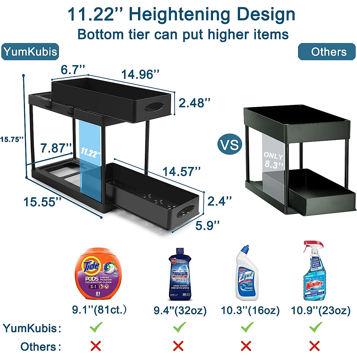 YumKubis Under Sink Organizers and Storage, 2 Tier Sliding Bathroom Cabinet Organizer, Pull Out Under Sink Storage, Black Bathroom Counter Organizer with Drawers & 4 Hooks for Kitchen, Bathroom