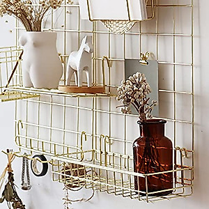 JOVONE Wall Grid Panel Basket,Display shelf,Pen Holder,Hooks Rack,Bookshelf,Wall Organizer For Home supplies,Set of 5 (Gold)
