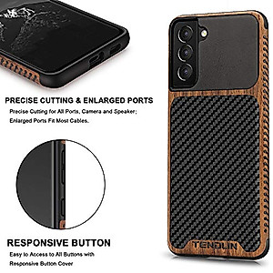 TENDLIN Compatible with Samsung Galaxy S21 Case Wood Grain with Carbon Fiber Texture Design Leather Hybrid Case Black