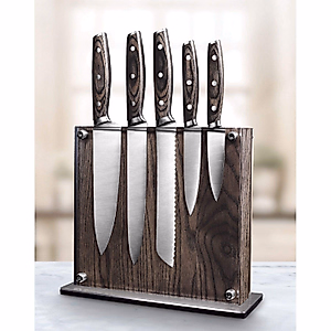 Art and Cook Stainless Steel 5 Piece Knife Set with 1 Magnetic Block: 8" Chef's Knife, 8" Slicer Knife, 8" Bread Knife, 5" Utility Knife, 3.5" Paring Knife, 1 Ash Wood Block