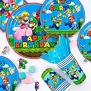 Su-perr M-arioo Birthday Party Supplies-128pcs Su-perr M-arioo Tableware Party Supplies Include M-arioo Party Plates and Napkins Cups Tablecloth for Boys/Girls M-arioo Theme Birthday Party Decorations