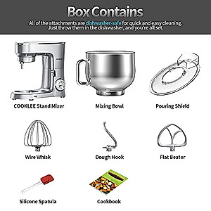 COOKLEE Stand Mixer, 9.5 Qt. 660W 10-Speed Electric Kitchen Mixer with Dishwasher-Safe Dough Hooks, Flat Beaters, Wire Whip & Pouring Shield Attachments for Most Home Cooks, SM-1551, Silver
