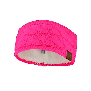 C.C Soft Stretch Winter Warm Cable Knit Fuzzy Lined Ear Warmer Headband, Neon Hot Pink