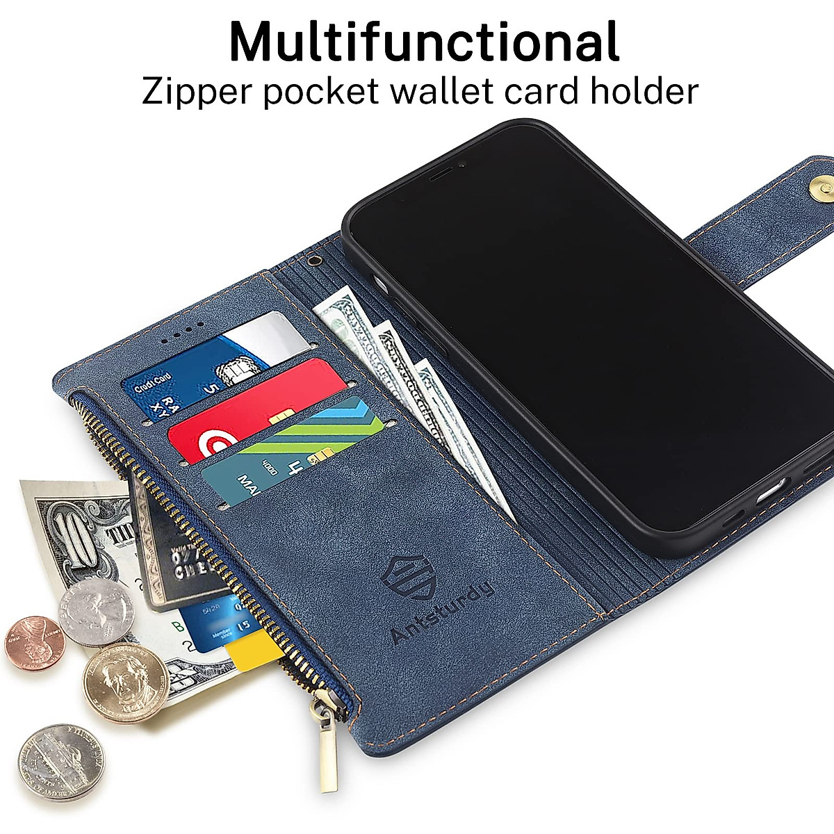 Antsturdy Samsung Galaxy A71 5G Wallet case with Card Holder for Women Men,Galaxy A71 5G Phone case RFID Blocking PU Leather Flip Shockproof Cover with Strap Zipper Credit Card Slots,Blue