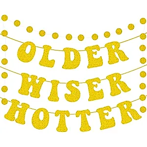 Older Wiser Hotter Banner Gold Glitter Funny Birthday Party Decorations 21th 30th 40th 50h 60th 70th 80th Birthday Party Disco HBD Party Photobooth Backdrop