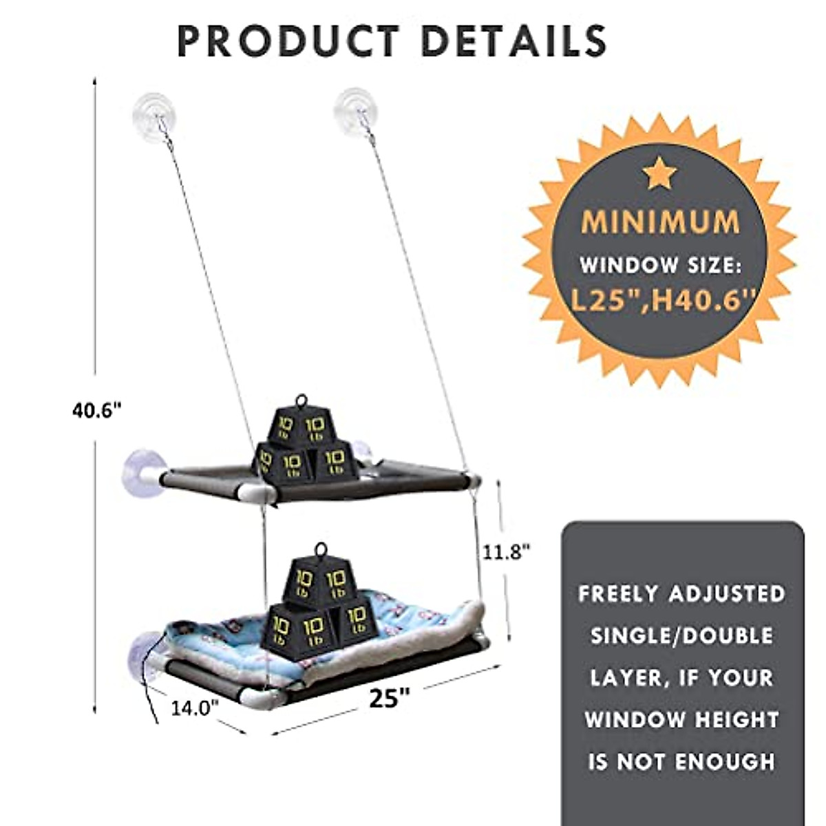 Cat Window Perches Deluxe Double Layers, Free Soft Lamb's Fleece Blanket and Toys, Up to 55 lbs, Space-Saving Cat Bed, Pet Kitty Resting Seat Safety Cat Hammock for Large Cats, Full 360° Sunbathing