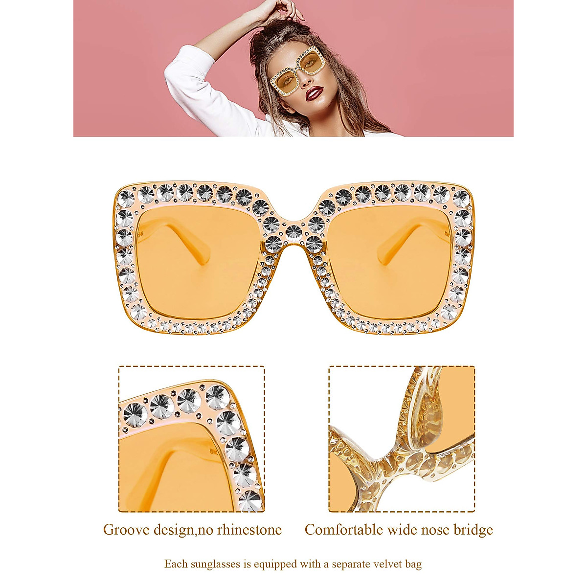 Frienda Oversize Square Glitter Sunglasses Sparkly Sunglasses Retro Thick Frame Sunglasses