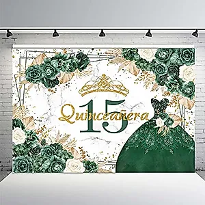 MEHOFOND Boho Floral Quinceanera 15th Birthday Backdrop for Girls Green Rose Pampas Grass Mis Quince Anos 15th Birthday Party Decorations Photography Background Gold Glitter Crown Photo Banner 8x6ft