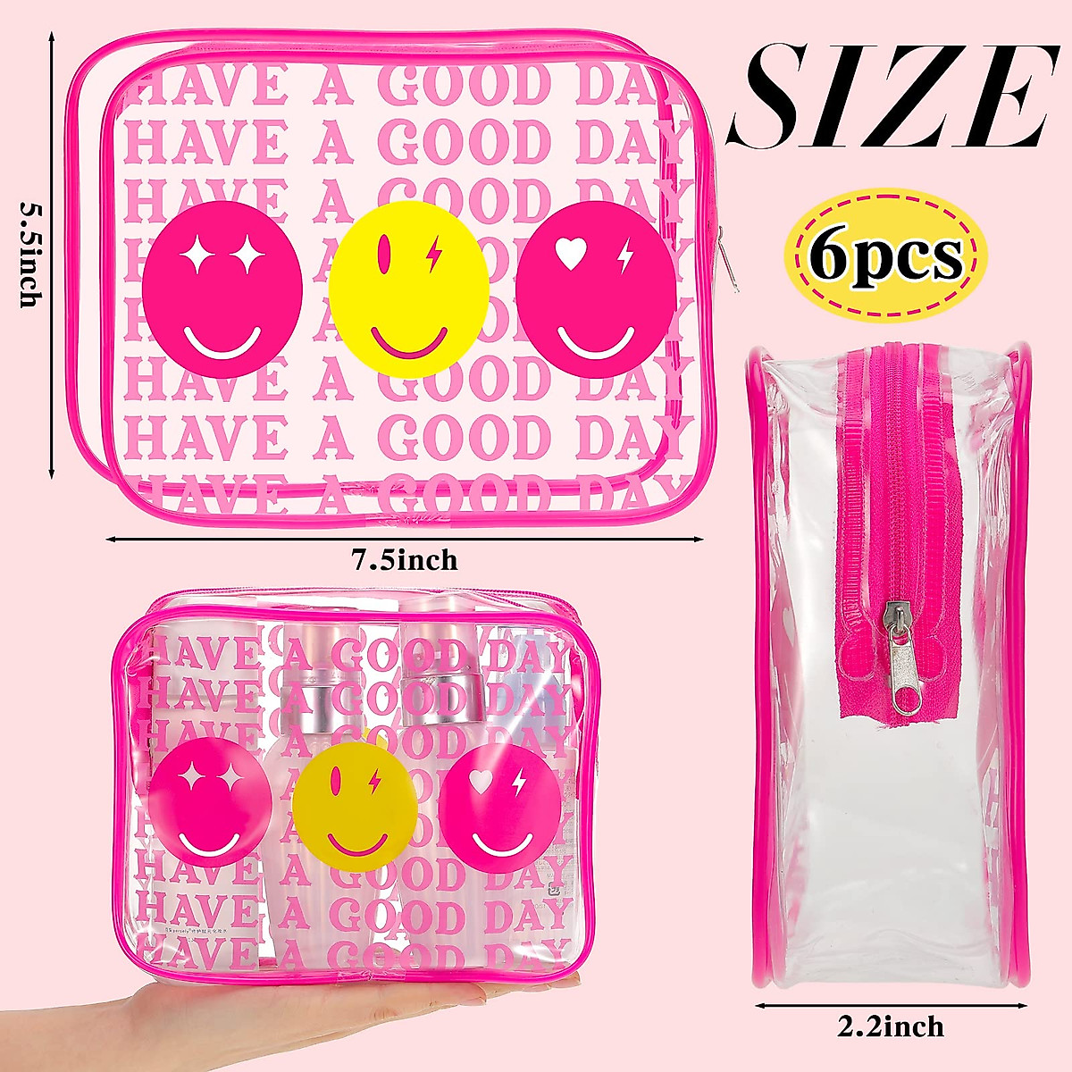 Cunno 6 Pcs Makeup Bags Gifts for Women Preppy Boho Smile Face Flamingo Clear Makeup Bags Cosmetic Transparent PVC Travel Toiletry Organizer(Preppy Style)