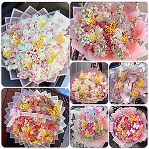 ROADPLUM 20 Sheet Pink Flower Wrapping Paper, Bouquet Wrapping Paper with 12 Butterflies and 1 Ribbon for Diy Bouquet, Flower Paper Wrap Kit for Valentine's Day, Mother's Day, Graduation