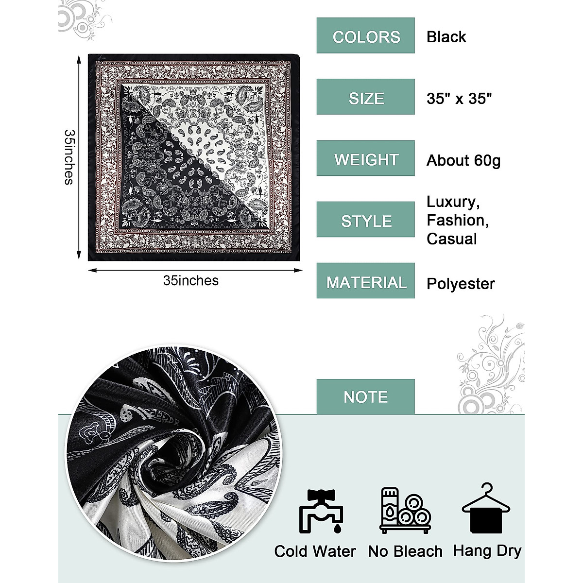 JaGely 12 Pcs 35" Satin Square Large Head Scarves Silk Like Neck Scarf Vintage Bandanas Satin Hair Scarf Neckerchief(Classic Style)